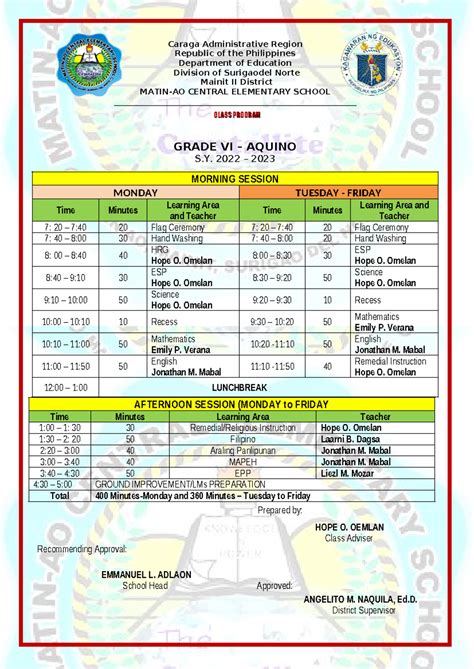 Grade 6 Class Program Sy 2022 2023 Caraga Administrative Region