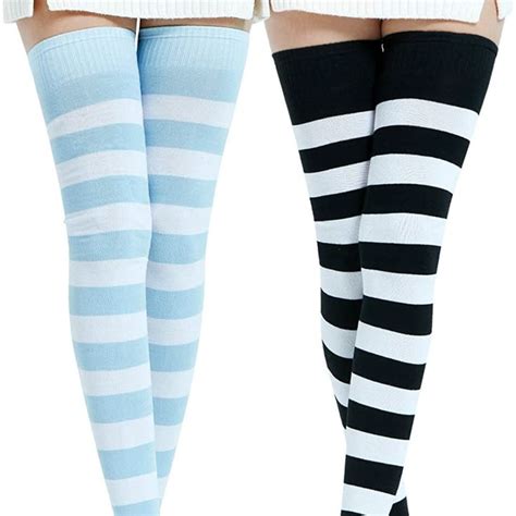 Thigh High Socks Blue White Black White Stripe Over The Knee Socks 2