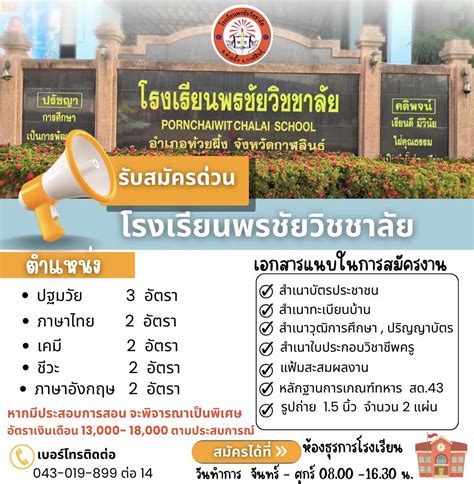 โรงเรียนพรชัยวิชชาลัย ด่วน📌 โรงเรียนพรชัยวิชชาลัย อ ห้วยผึ้ง จ กาฬสินธุ์ รับสมัครงาน ครู