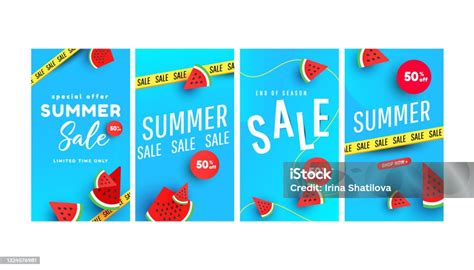 뜨거운 여름 판매 편집 템플릿은 열대 슬라이스 수박 요소와 소셜 네트워크 이야기 배너 전단지 초대 포스터 웹 사이트 또는 인사말 카드에 대한 양식으로 설정됩니다 개체 그룹에