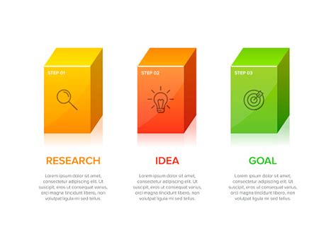 3 단계 연속 화살표 비즈니스 모델의 개념 세 가지 다채로운 그래픽 요소 브로셔 프리젠 테이션을위한 타임 라인 디자인 인포그래픽 디자인 레이아웃 3차원 형태에 대한 스톡