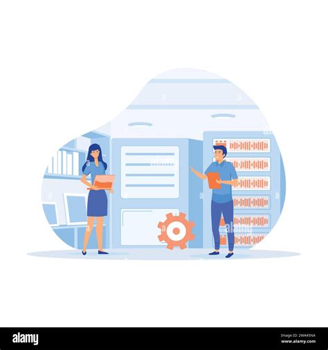 Data Center Business People In Data Center Room Data Network Management Flat Vector Modern