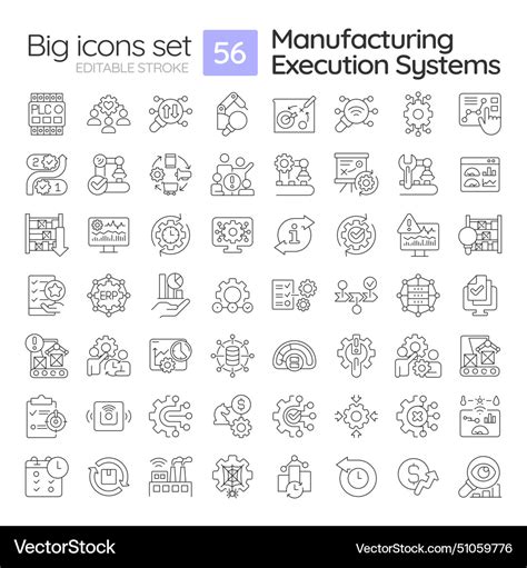 Manufacturing Execution Systems Linear Icons Set Vector Image