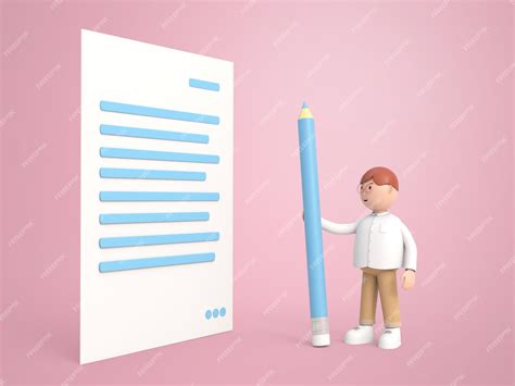 종이 비즈니스 개념 렌더링에서 텍스트를 읽는 동안 연필을 들고 안경을 쓴 젊은 남자의 3d 일러스트레이션 프리미엄 Psd 파일