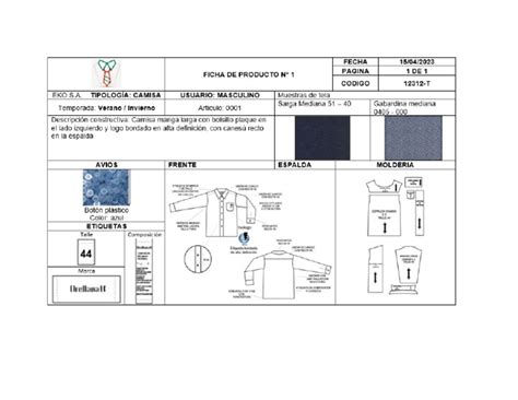 Ficha Tecnica Del Producto Textil Pdf