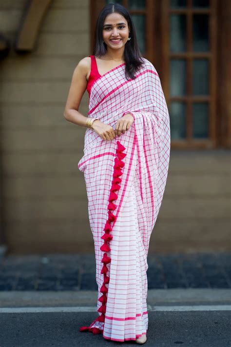 White Cotton Check Saree With Red Tassels Scarlet Checks I Love