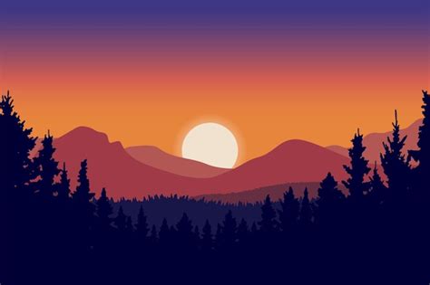 산과 숲의 일몰의 자연 경관 아름다운 하늘의 황혼 색상 그라데이션 프리미엄 벡터