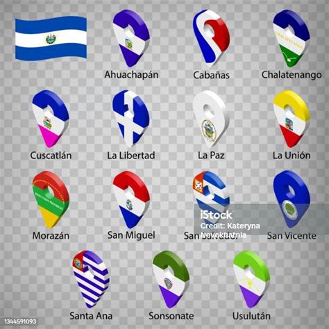 14 엘살바도르의 부서 플래그 이름으로 알파벳 순서 엘살바도르의 플래그 부서와 같은 3d 지리적 위치 표지판 세트 디자인에 대한 14 개의 3d 지리적 위치 표지판