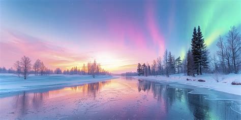 Beautiful Northern Lights Over An Icy River With Vibrant Blue And