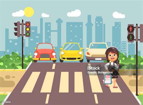 벡터 일러스트 레이 션 만화 캐릭터 아이 교통법규 준수 외로운 여 자가 초등 학생 여 학생도로 보행자 횡단으로 이동 도시 배경 학교 플랫 스타일으로 개성 개념에 대한 스톡