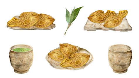 수채화 손으로 그린 일본 전통 과자 와가시 붕어빵 차 프레임이있는 작곡 세트 흰색 배경에 격리 초대장 레스토랑 메뉴 인사말 카드 인쇄 섬유 0명에 대한 스톡 벡터 아트 및