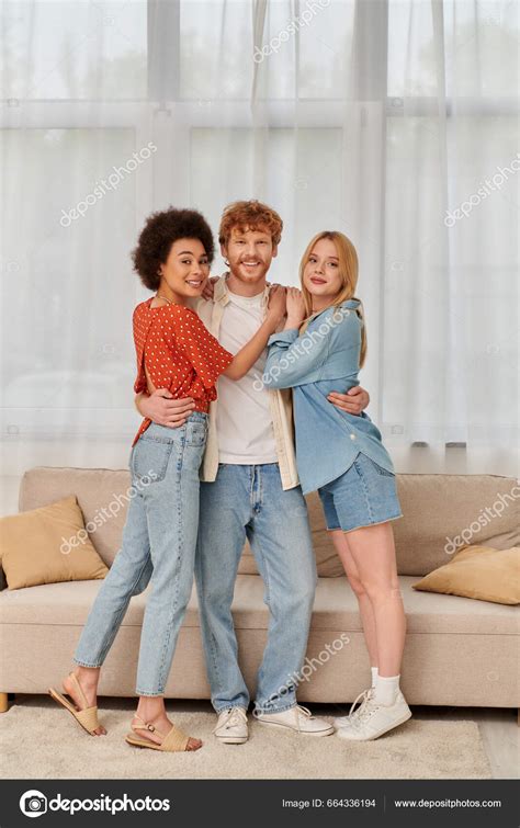 Polygamy Love Concept Three Adults Happy Redhead Man Hugging Multicultural Stock Photo