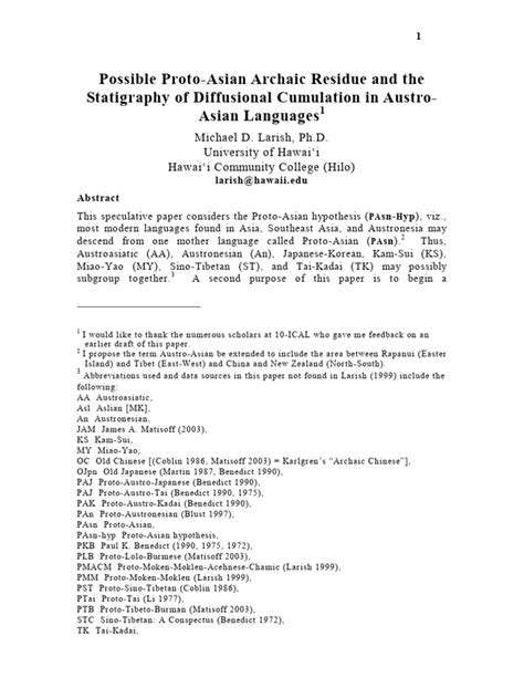 Possible Proto Asian Archaic Residue And The Statigraphy Of Diffusional