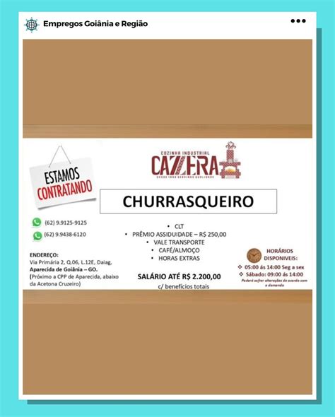 Empregos Goiânia E Região ® 1 Cozinheiro A 2 Churrasqueiro 3 Auxiliar De Serviços Gerais