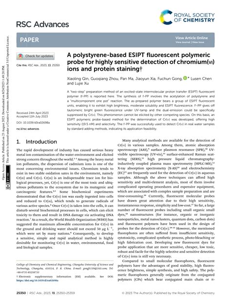 Pdf A Polystyrene Based Esipt Fluorescent Polymeric Probe For Highly Sensitive Detection Of