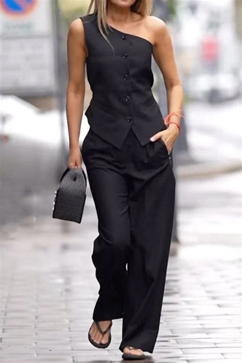Elegant Solid Pocket Oblique Collar Sleeveless Two Pieces 3 Colors