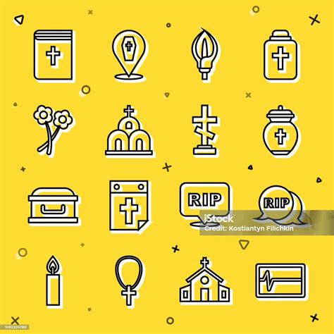 모니터 말풍선 찢어짐 죽음 장례식 항아리 백합 꽃 교회 건물 꽃 성경책 십자가 아이콘이 있는 무덤에서 죽은 줄을 설정합니다 벡터 0명에 대한 스톡 벡터 아트 및 기타 이미지