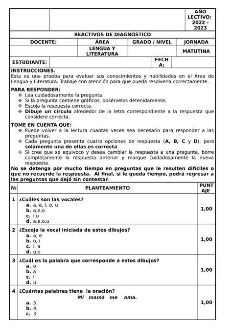 Pruebas De Diagnostico 3ero Todas Las Areas Unidad Educativa