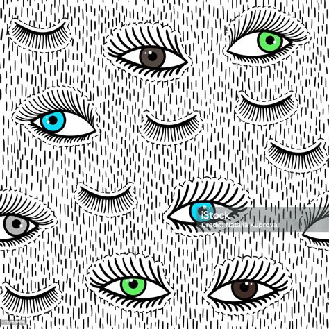 손으로 그린 패션 패치 눈 속눈썹 매끄러운 패턴 옷 배경에 대한 눈을 열고 닫는 벡터 뷰티 일러스트레이션 팝 아트 스티커 패치 핀 배지 8090 년대 스타일 낙서 스케치 눈