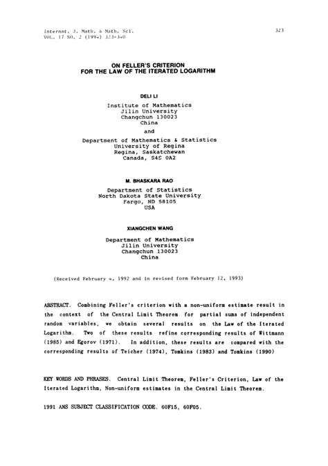 Pdf On Fellers Criterion For The Law Of The Iterated Logarithm
