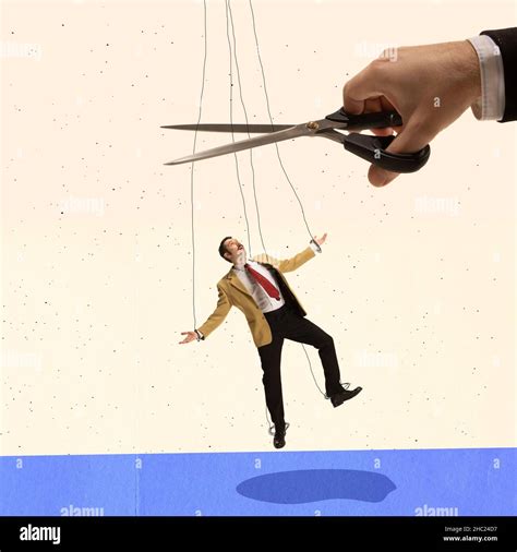 Contemporary Art Collage Hand Cutting Strings With Scissors Linked To Businessman Puppet Stock