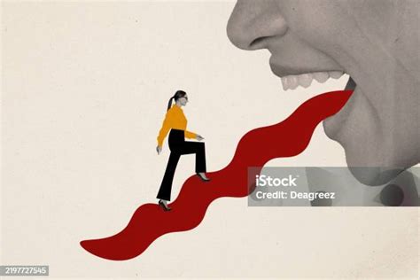 복합 트렌드 아트웍 이미지 3d 사진 콜라주 실루엣 아가씨 산책 거대한 혀 Bige 얼굴 열린 입과 같은 계단을 밟다 30 34세에 대한 스톡 사진 및 기타 이미지 Istock