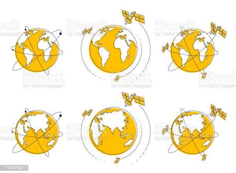 지구 태양 전지 판 및 위성 안테나 판을 가진 우주선 우주 정거장 주위를 비행 궤도 우주 비행 글로벌 통신 기술 위성 얇은 라인 3d 벡터 일러스트 세트입니다 0명에 대한
