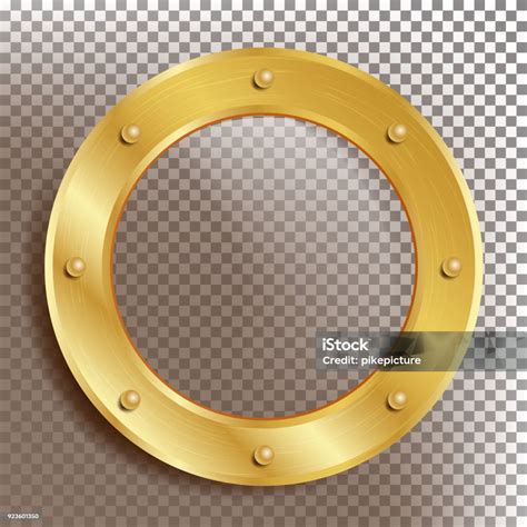 현 창 벡터입니다 리벳으로 라운드 황금 창입니다 바스 스카프 배 금속 프레임 디자인 요소입니다 대 한 항공기 잠수함 투명 한 배경 그림에 절연 금 금속에 대한 스톡 벡터