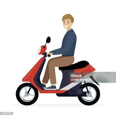 현대 오토바이의 운전자 스쿠터를 타는 만화 백인 남자 흰색 배경에 고립 된 오토바이 만화 남성 라이더와 자전거 차량 두 바퀴 모터 스쿠터 모페드에 대한 스톡 벡터 아트 및