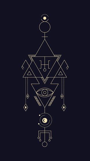 삼각형 및 양식된 눈 Alchemical 표지판 및 행성 요소 및 금속의 기호를 사용 하 여 기하학적 추상 구성 문신에 대 한