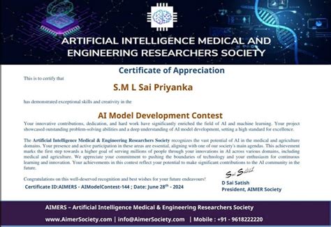 Sai Priyanka Sambhani On Linkedin Aimersociety Aimodeldevelopment Certificateofappreciation