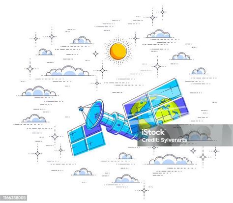 글로벌 통신 기술 위성은 흐린 하늘에 비행과 태양 전지 판넬에 지구를 반사 흰색으로 격리된 가는 선 3d 벡터 그림입니다 3차원 형태에 대한 스톡 벡터 아트 및 기타 이미지