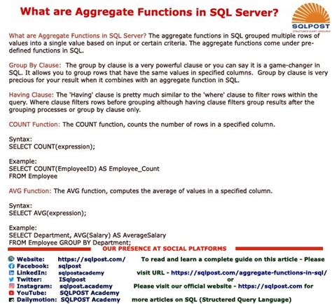 Sqlpost Academy On Linkedin Sqlpost Sqlaggregatefunction Aggregatefunctions