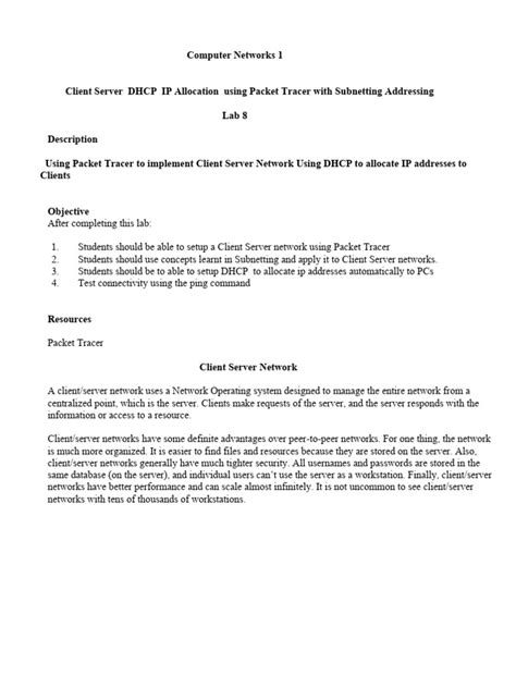 Week 9 Client Server Dhcp Ip Allocation Using Packet Tracer With