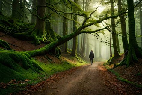 A Man Walking Down A Path In A Forest With Trees And Moss Ai Generated