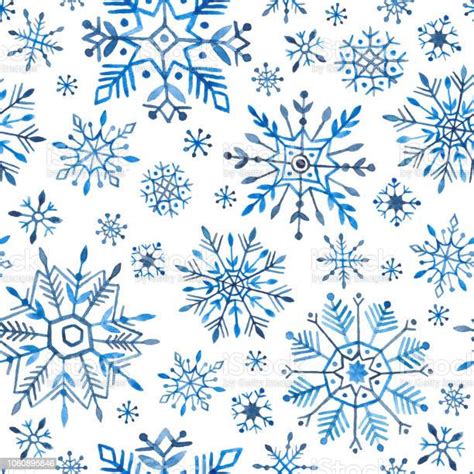 수채화 눈송이 완벽 한 패턴입니다 흰색 배경에 파란색 눈송이입니다 0명에 대한 스톡 벡터 아트 및 기타 이미지 0명 12월 겨울 Istock