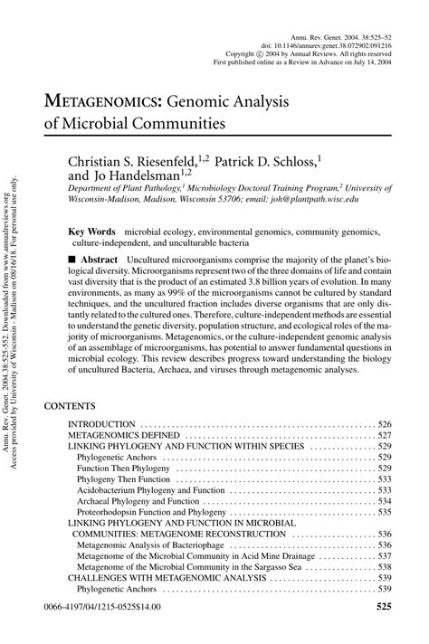 Pdf Metagenomics Genomic Analysis Of Microbial Communities