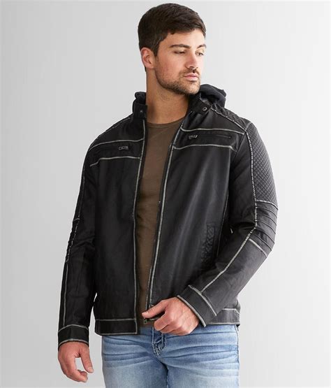 Buckle Black Faux Leather Hooded Jacket Mens Coats And Jackets In