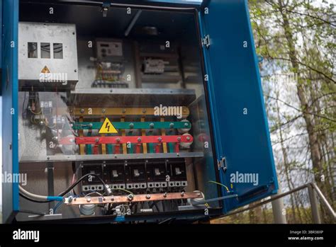 Open Fuse Box With Lot Of Switches And Wires Outdoor Shot Without