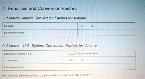 C Equalities And Conversion Factors C Metric Metric Conversion Factors For Volume Equality