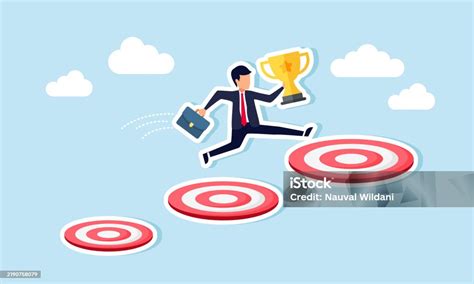 트로피를 든 사업가가 줄지어 있는 타겟 보드를 뛰어 넘고 점프하는 모습은 비즈니스 목표를 선도 기업으로 거듭나기 위한 단계적 성취를 보여줍니다 개발에 대한 스톡 벡터 아트