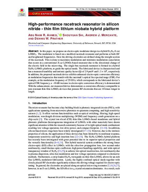 Pdf High Performance Racetrack Resonator In Silicon Nitride Thin Film Lithium Niobate Hybrid