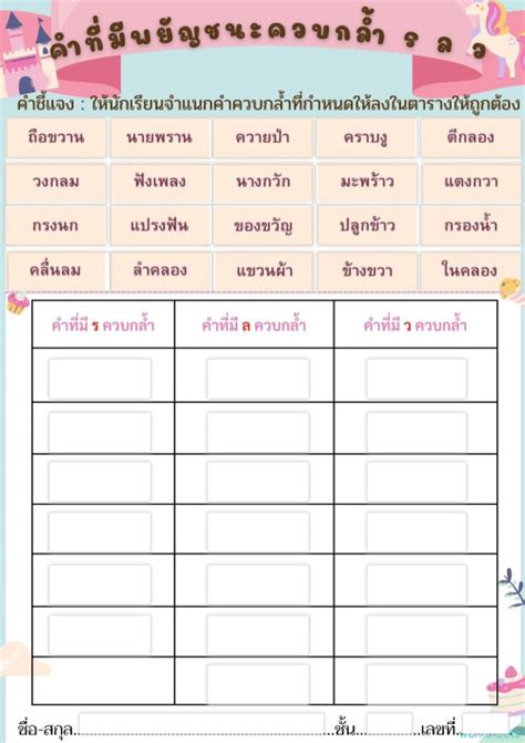 ใบงานคำที่มีพยัญชนะควบกล้ำ รลว ใบงานเชิงโต้ตอบ Topworksheets