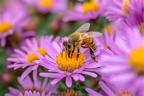 Honeybee Collecting Pollen On Purple Aster Flower Premium Ai Generated Image