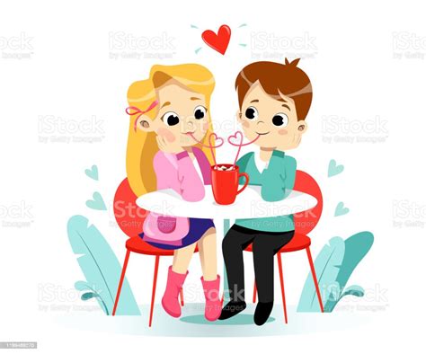 마시멜로와 함께 코코아를 마시는 행복 만화 유치원 소년과 소녀 아이들을 미소 어린이 만화 캐릭터입니다 플랫 스타일 벡터