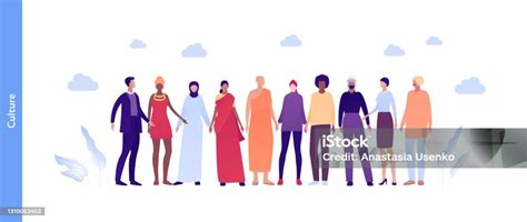 포용과 다양성 개념 벡터 플랫 피플 일러스트레이션 다문화및 다국적 행복 남성과 여성 군중은 국가 복장에 불교 사리 아랍 히잡의 여성 다민족 그룹에 대한 스톡 벡터 아트 및