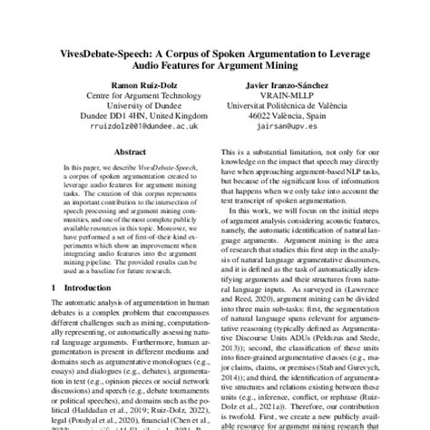 Vivesdebate Speech A Corpus Of Spoken Argumentation To Leverage Audio Features For Argument