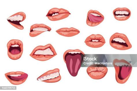 감정을 표현하는 여성의 입은 평면 디자인의 그래픽 요소를 설정합니다 열린 입과 닫힌 입 입술을 물고 혀 키스 등을 보여주는 얼굴 제스처의 묶음 벡터 그림 격리 된 개체