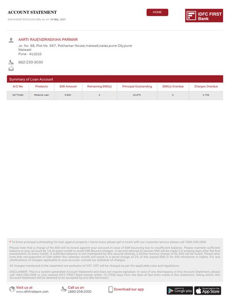 Idfc Loan Statment Pdf Payments Cheque