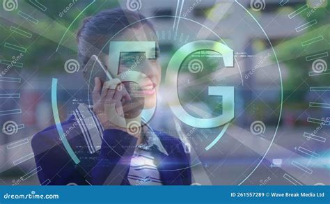 Animation Of Data Processing With 5g Text And Scope Scanning Over Caucasian Businesswoman Stock